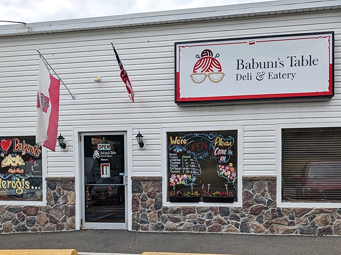 The unassuming exterior of Babuni's Table belies the culinary treasures within. Those Polish and American flags aren't just decoration—they're a promise of authentic flavors.