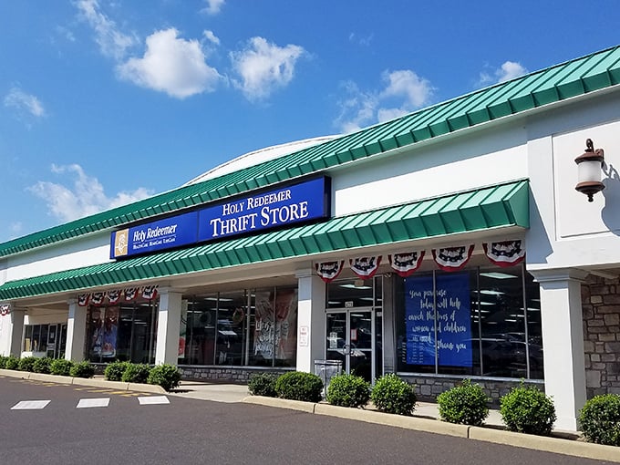 The unassuming exterior of Holy Redeemer Thrift Shop—where bargain hunters' dreams and Marie Kondo's nightmares collide in glorious retail harmony. 