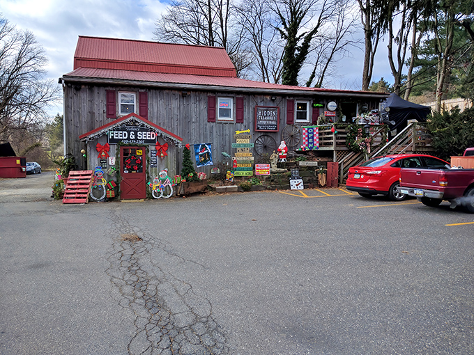 The weathered wooden exterior of Hidden Treasures isn't just selling antiques—it practically is one. Pennsylvania sunset optional, but highly recommended.