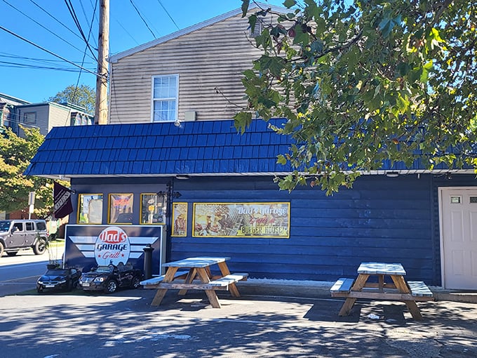 The bright blue exterior of Dad's Garage isn't just eye-catching—it's a beacon for breakfast pilgrims seeking pancake nirvana in Mechanicsburg.