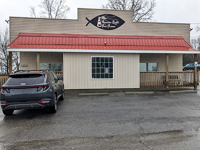 The unassuming exterior of Beacon Light Tea Room beckons hungry travelers with its distinctive fish sign—proof that culinary treasures often hide in plain sight.