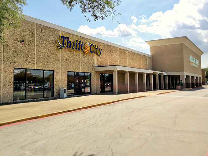 The iconic blue Thrift City sign beckons bargain hunters like a lighthouse for the frugally fashionable. Treasure awaits inside!