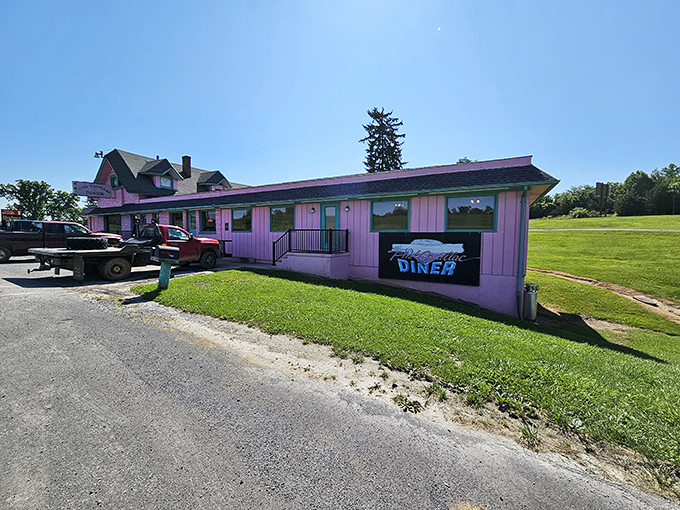 That unmistakable pink exterior isn't just eye-catching – it's a beacon calling all burger lovers home.