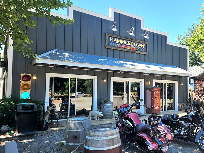 The gray clapboard exterior of Hammerdown Barbecue stands like a temple to smoke and fire, complete with a vintage soda machine that's seen better decades.