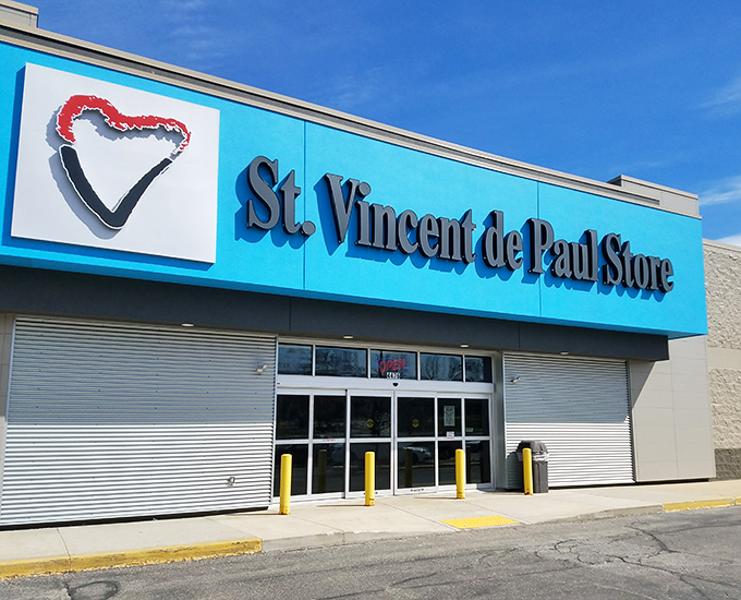 The bright turquoise facade of St. Vincent de Paul isn't just eye-catching—it's a beacon calling all treasure hunters to the motherlode of Wisconsin thrifting.