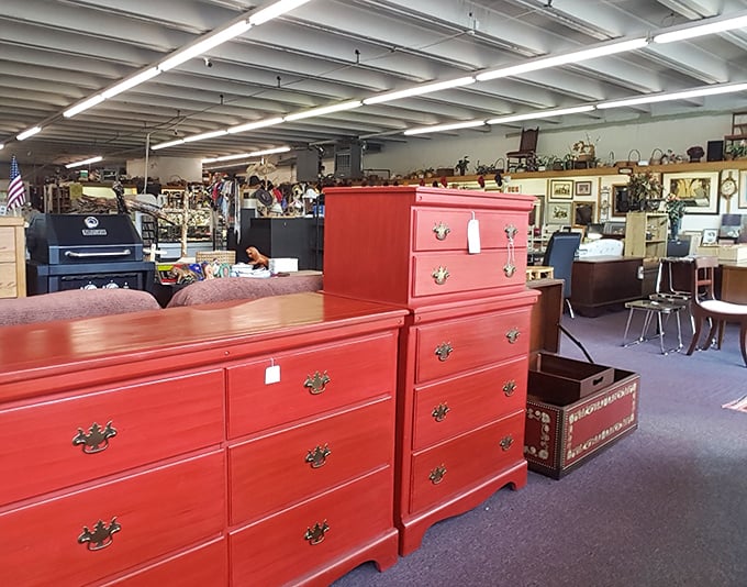 Red closets lined up like eager puppies waiting for adoption. One person’s castoff becomes another’s statement piece in a new home.