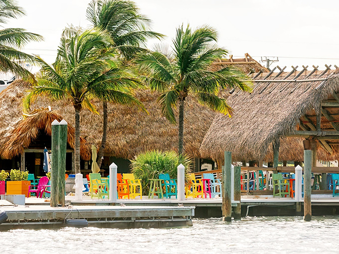 The shark greeting you at Tiki 52's entrance isn't just decoration—it's Florida's version of a maître d', silently promising adventures in flavor beneath that thatched roof.