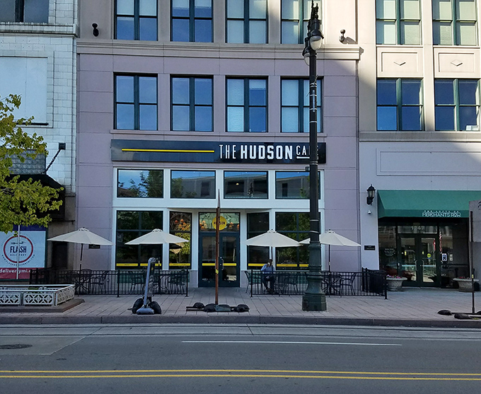 The unassuming facade of The Hudson Cafe on Woodward Avenue belies the breakfast magic happening within. Detroit's downtown gem awaits.