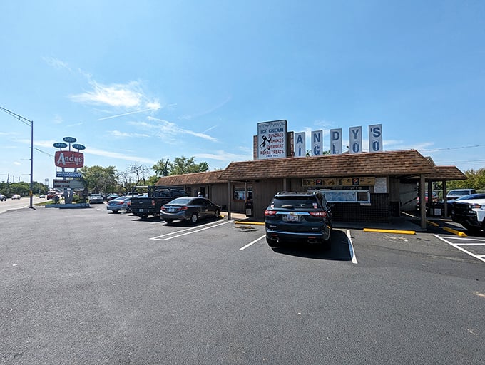The iconic Andy's Igloo sign stands proudly against the Florida sky, a beacon of burger bliss that's been drawing hungry travelers for generations.