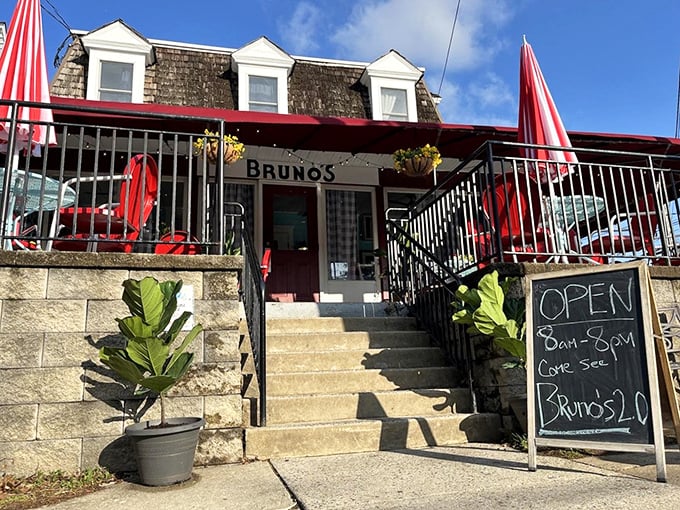 Bruno's charming exterior beckons with its red awnings and inviting porch – like a neighborhood friend waving you over for breakfast and good conversation.