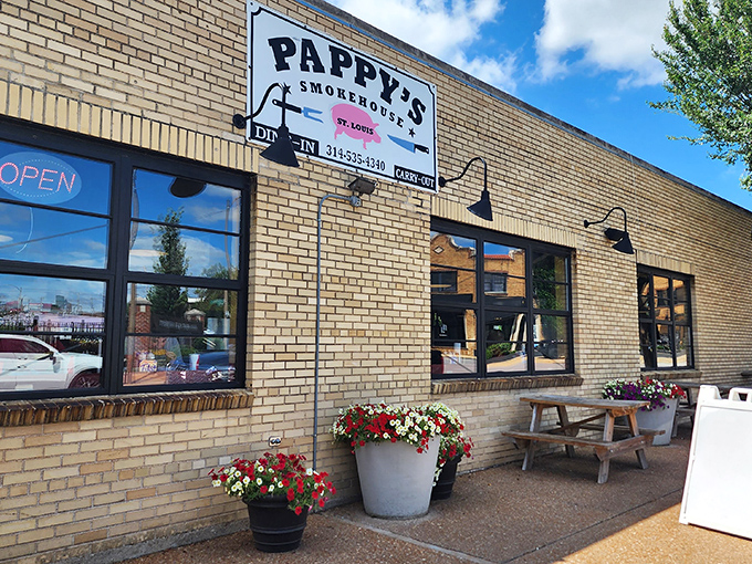 The unassuming brick exterior of Pappy's Smokehouse proves once again that the best BBQ joints don't waste energy on fancy facades—they're too busy perfecting what's inside.