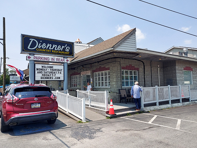The unassuming exterior of Dienner's Country Restaurant hides a buffet wonderland within, like finding a treasure chest disguised as an ordinary mailbox.