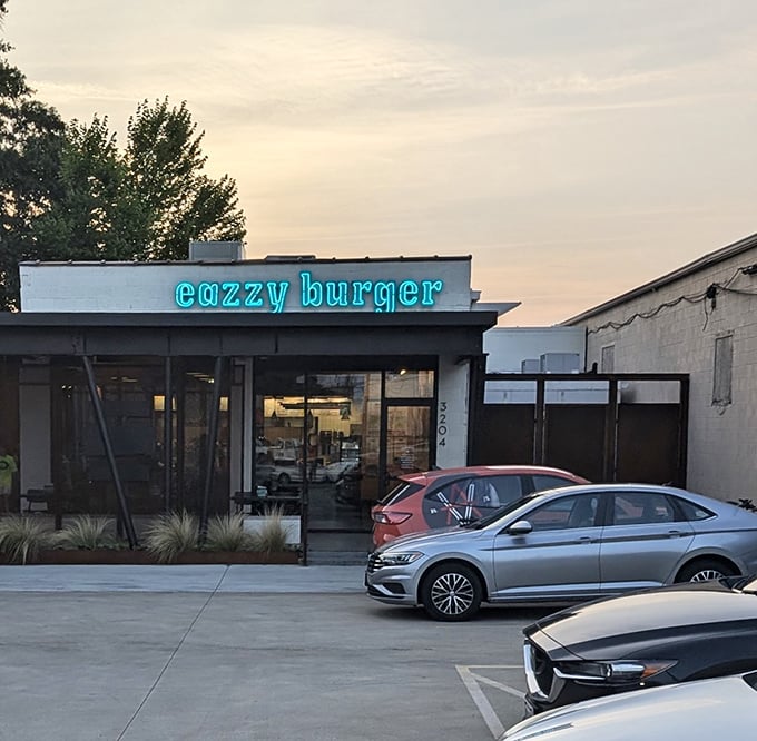 That neon blue sign isn't just illuminating the Richmond night—it's a beacon calling to your inner burger enthusiast.