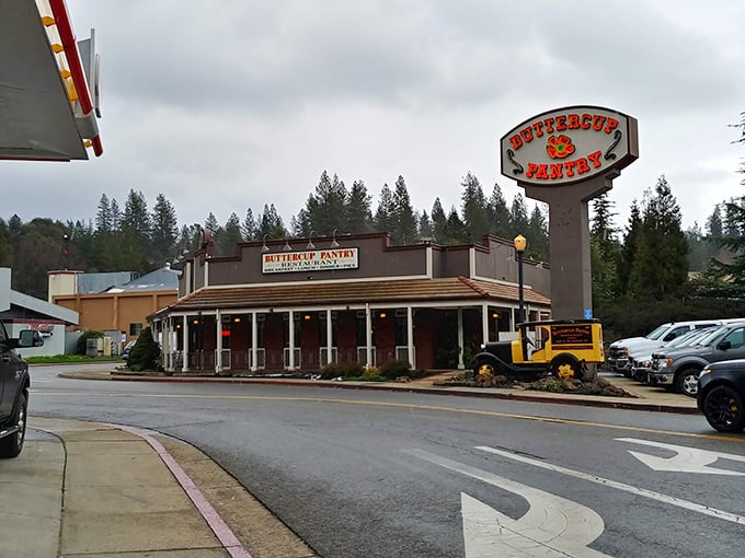 The Buttercup Pantry stands proudly on its corner lot in Placerville, welcoming hungry travelers with its charming wraparound porch and cheerful exterior.