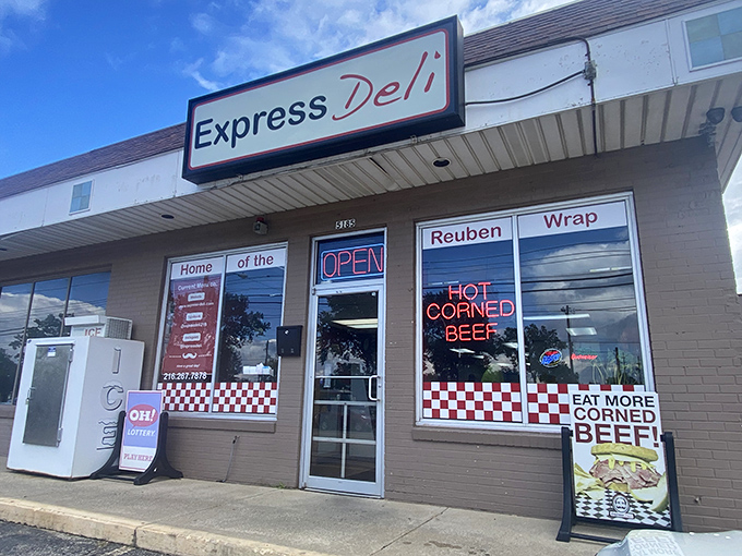 The unassuming storefront of Express Deli in Brook Park hides culinary treasures within. That neon "HOT CORNED BEEF" sign is basically a bat signal for sandwich lovers.