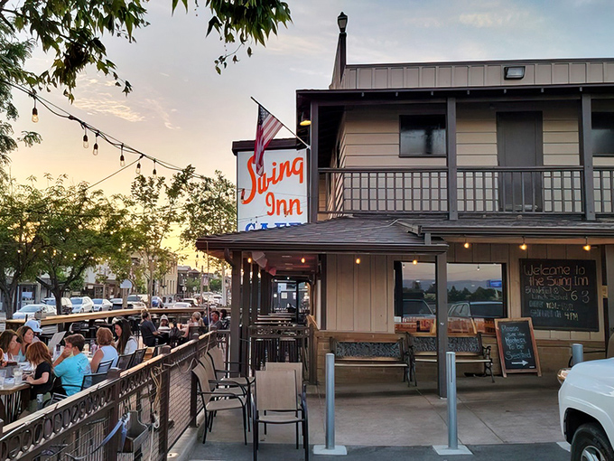 The Western-style facade of Swing Inn Cafe isn't putting on airs—it's the real deal, standing proudly in Old Town Temecula like it owns the place.