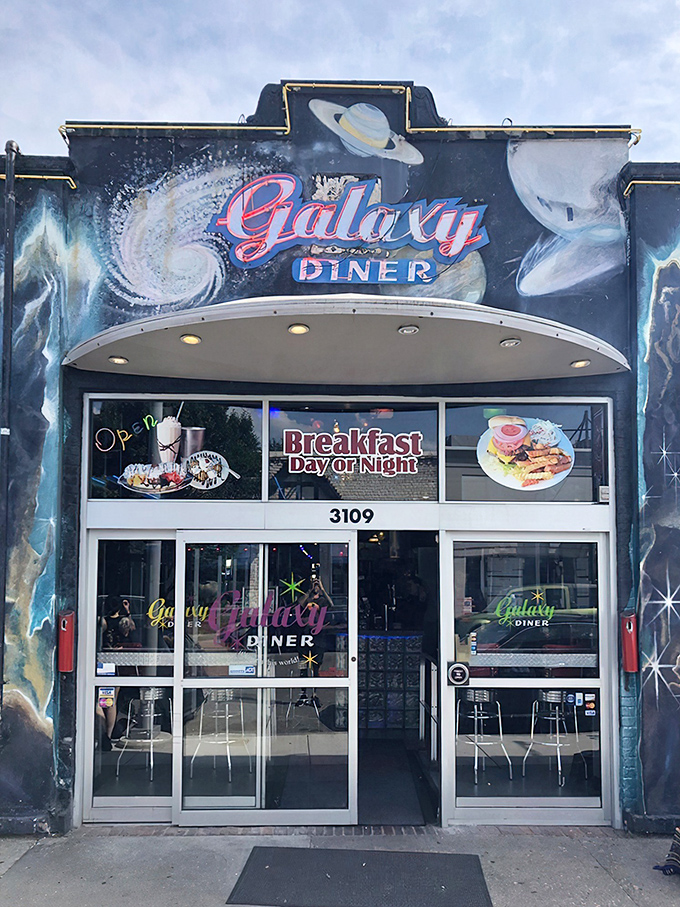 The cosmic facade of Galaxy Diner stands out in Richmond's Carytown district like a retro-futuristic beacon. Breakfast served day or night!