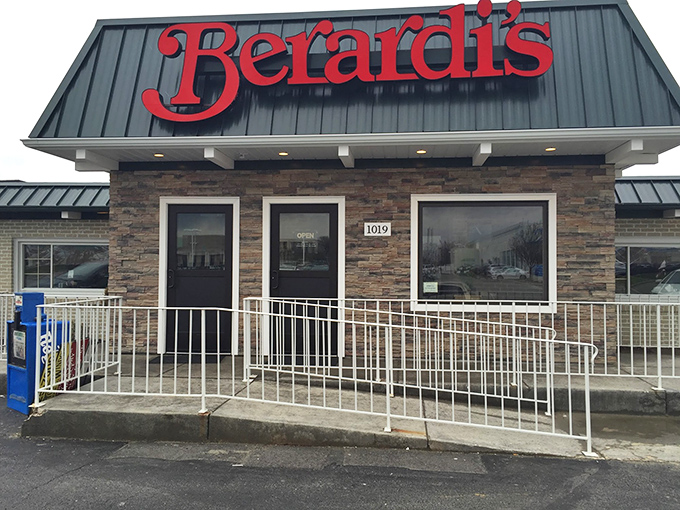 The bold red sign against the stone facade says it all – this isn't just breakfast, it's a Sandusky institution waiting to welcome you home.