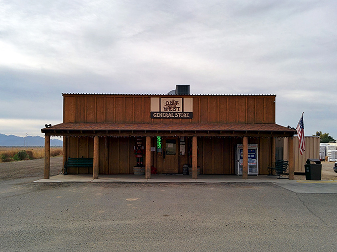 Like a movie set come to life, Out West's wooden facade stands proudly against the Arizona sky, promising adventure and good eats for weary travelers.
