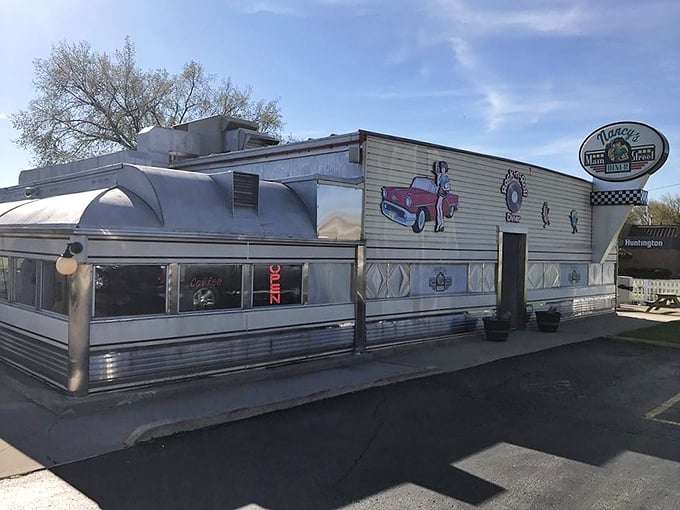 The classic silver diner exterior of Nancy's shines like a beacon of comfort food hope on Grafton's Main Street. Time travel never looked so delicious.