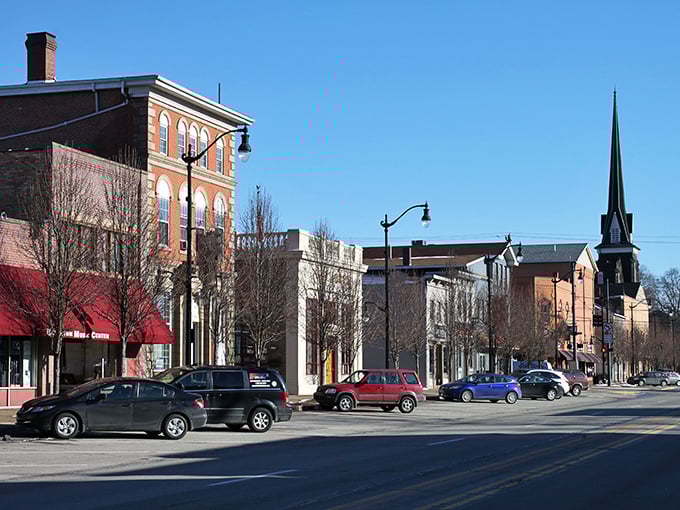 Historic brick buildings stand sentinel along New Brighton's main thoroughfare, where small-town charm meets architectural character that money can't manufacture.