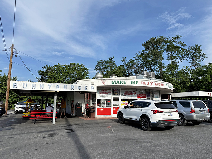 Classic cars and a vintage vibe – the Red Rabbit's curved white exterior isn't retro by design, it's authentic by survival.