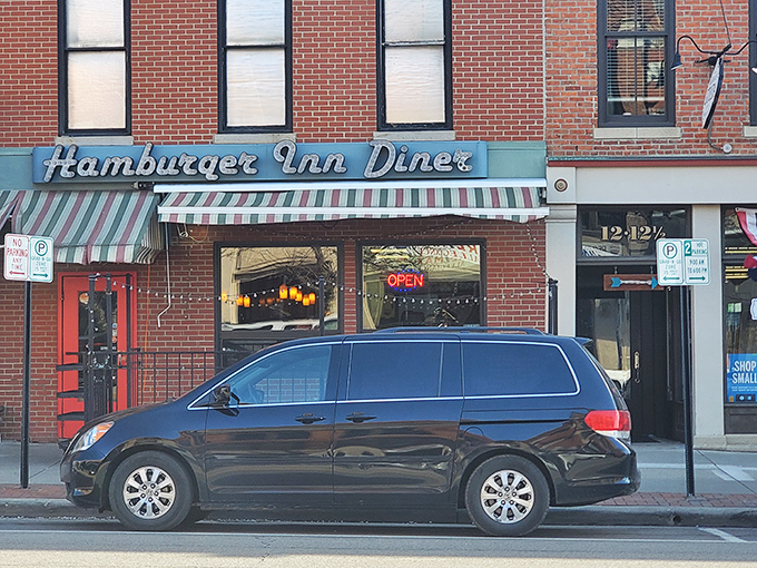 The iconic blue lettering of Hamburger Inn Diner beckons from downtown Delaware like a neon-lit time machine to simpler, more delicious times.