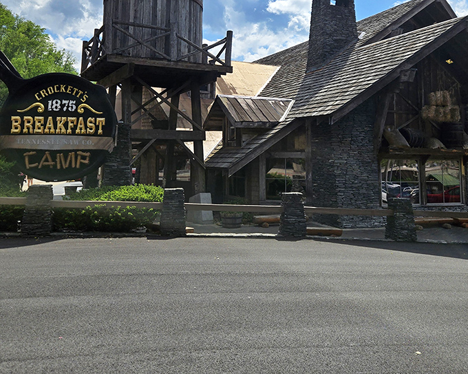 The giant cast iron skillet sign says it all – at Crockett's Breakfast Camp, subtlety isn't on the menu, but mountain-sized portions definitely are.