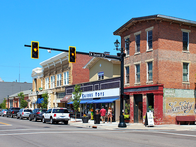 Historic brick buildings line Main Street in Tipp City, where time slows down but charm speeds up. Classic storefronts invite exploration on every corner.