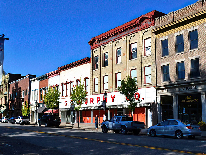 Downtown Gallipolis showcases its historic charm with the iconic G. Murphy Co. storefront. These brick buildings have witnessed centuries of Ohio River tales.