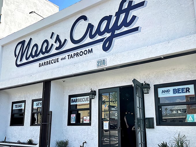 The unassuming storefront of Moo's Craft Barbecue belies the smoky treasures within. Like finding a Picasso at a yard sale.