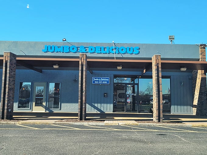 The blue sign says it all – Jumbo & Delicious isn't trying to be fancy, just fantastic. Sometimes the most memorable meals hide behind the most unassuming storefronts.