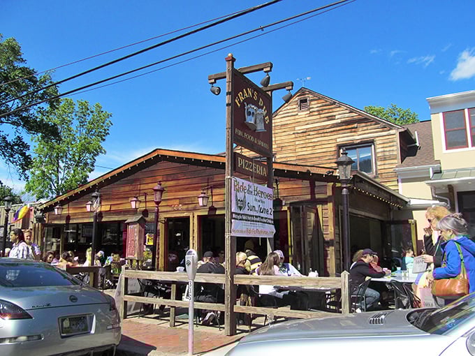 The wooden facade of Fran's Pub stands like a culinary lighthouse in New Hope, beckoning hungry travelers with promises of comfort and satisfaction.