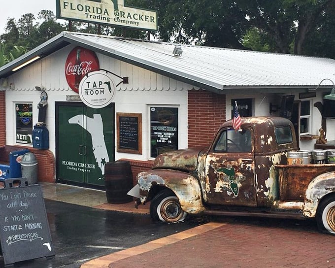 The vintage pickup truck outside Florida Cracker Kitchen isn't just decoration—it's a time machine to Old Florida, complete with authentic rust and character.