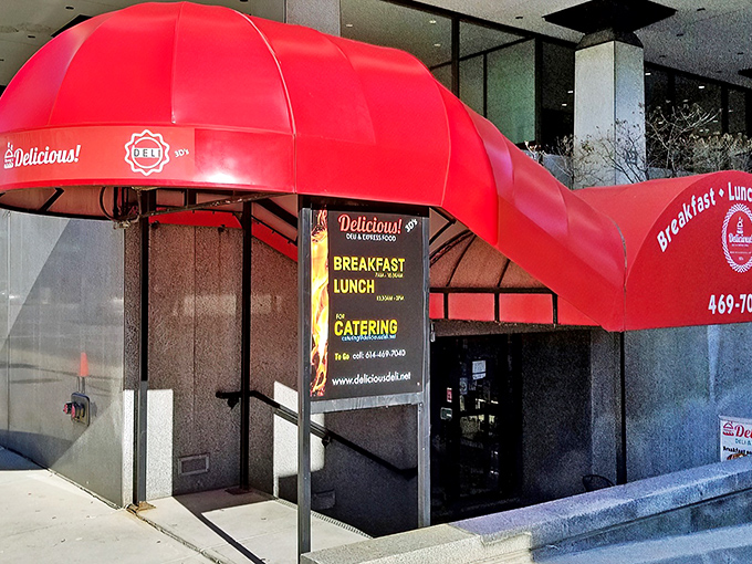 That iconic red awning isn't just a splash of color—it's a beacon for sandwich lovers throughout Columbus, promising deli salvation within.