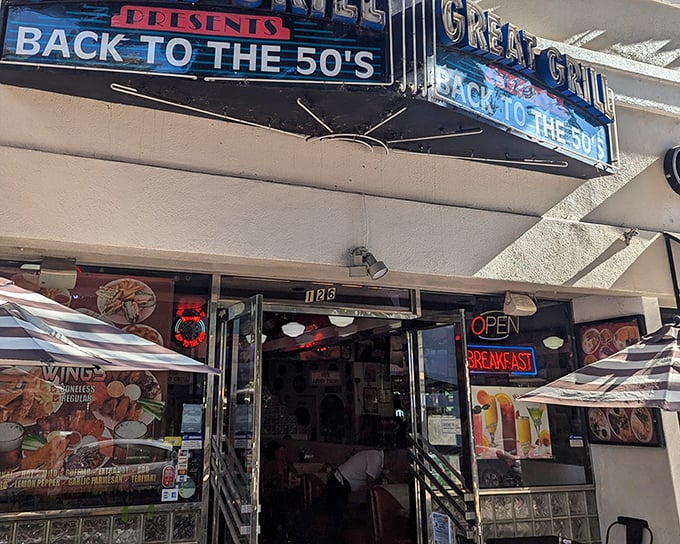 The neon promise of "BACK TO THE 50'S" isn't just signage—it's a time machine disguised as a Burbank storefront, beckoning hungry time travelers.