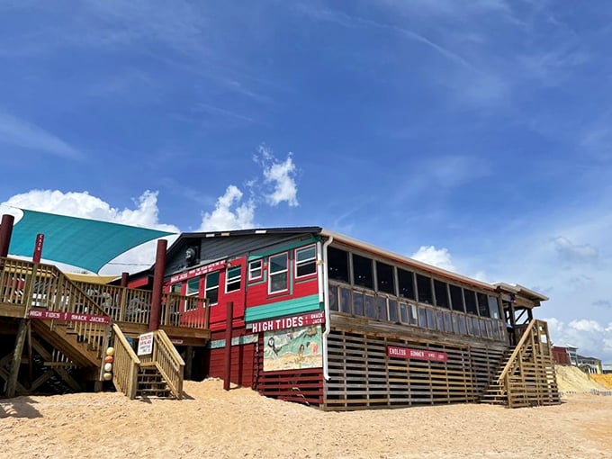 The weathered red exterior of High Tides at Snack Jack isn't trying to impress anyone, yet somehow manages to impress everyone who visits this beachfront treasure.