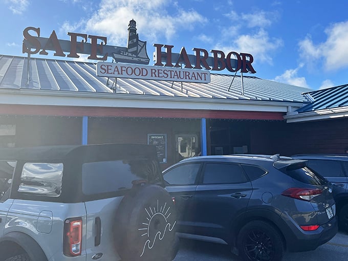 That lighthouse on the sign isn't just for show – it's guiding you to seafood nirvana.