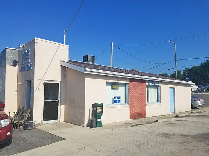 The unassuming exterior of Midway Restaurant in Kenton hides culinary treasures within. Like finding a diamond in a parking lot—complete with blue awning!