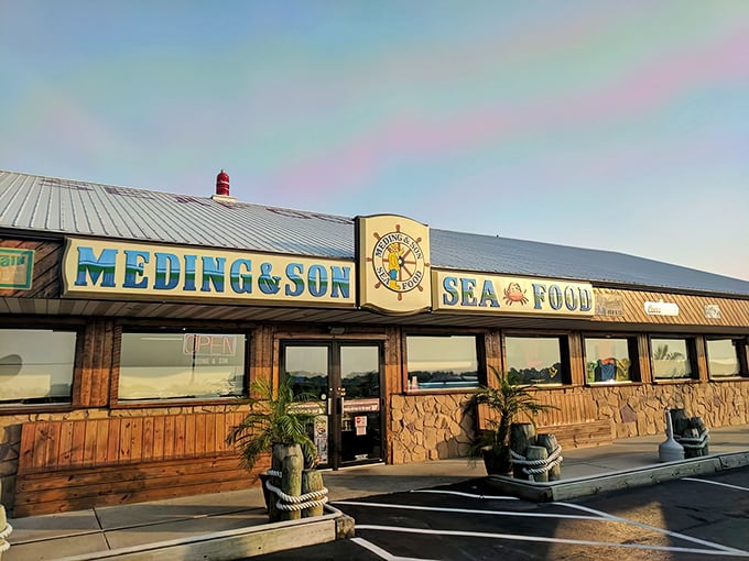 The rustic wooden exterior of Meding's Seafood promises no-frills authenticity – just the kind of place where seafood speaks louder than décor.