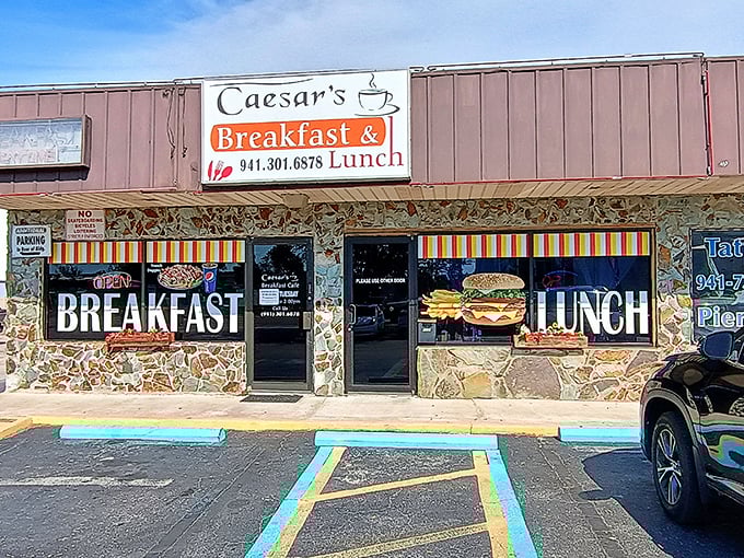 The unassuming stone facade of Caesar's might not scream "culinary destination," but that neon "BREAKFAST ANYTIME" sign is speaking my love language.