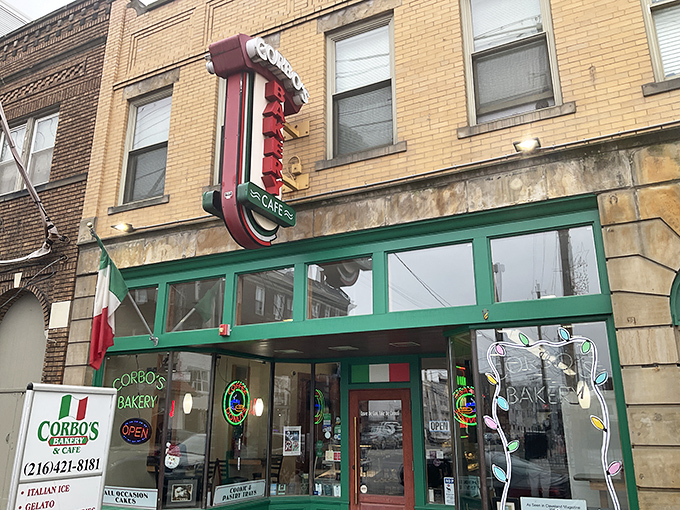 The iconic yellow brick and green trim of Corbo's Bakery stands as a beacon of sweetness in Cleveland's Little Italy neighborhood.