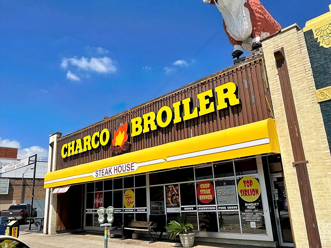 That iconic yellow awning and giant cow on the roof aren't just for show – they're beacons calling hungry Texans home to flavor paradise.