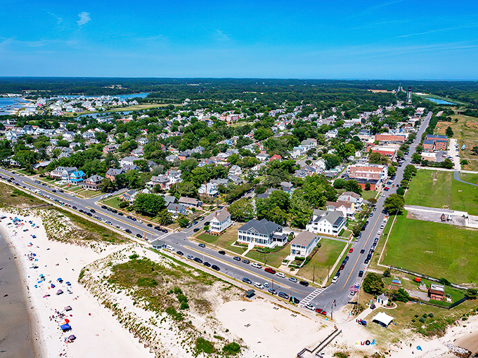 Paradise from above! Cape Charles unfolds like a perfect watercolor painting where Victorian charm meets pristine beaches along Virginia's Eastern Shore.