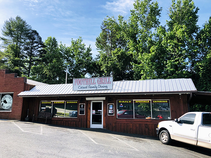 The unassuming exterior of Foothill Grill beckons with its "Casual Family Dining" promise – a humble facade hiding breakfast treasures worth the drive.