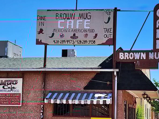 The pink stucco exterior of Brown Mug Cafe stands like a culinary oasis in Winslow, promising Mexican-American comfort food that transcends its humble appearance.
