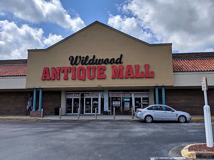 The unassuming exterior of Lakeland Antique Mall belies the wonderland of treasures waiting inside. Like a time machine disguised as a strip mall storefront.