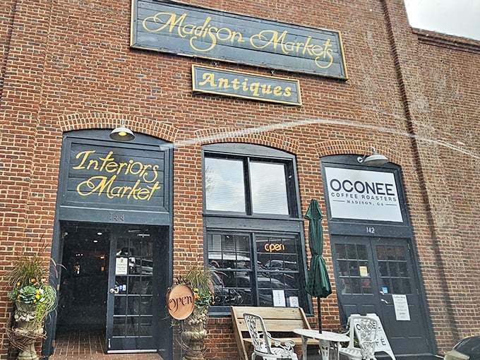 The historic brick façade of Madison Markets welcomes treasure hunters with elegant gold lettering and the promise of discoveries waiting inside.