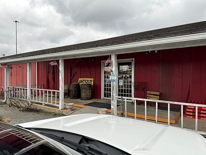 The unassuming red exterior of Antique Village Mall is like a poker player with a royal flush—not giving away the treasures that await inside.