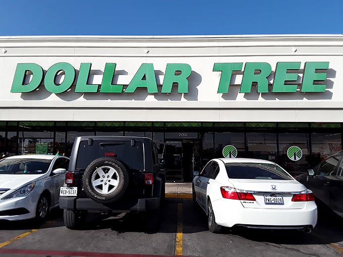 The iconic green lettering beckons bargain hunters like a retail oasis in the Dallas concrete desert. Budget magic awaits inside!